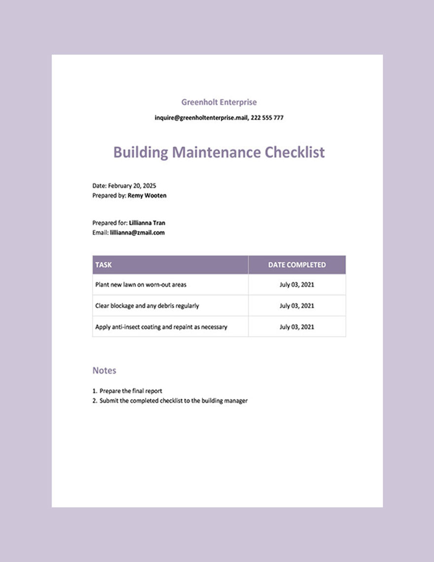 Building Maintenance Checklist Template Google Docs Word Apple