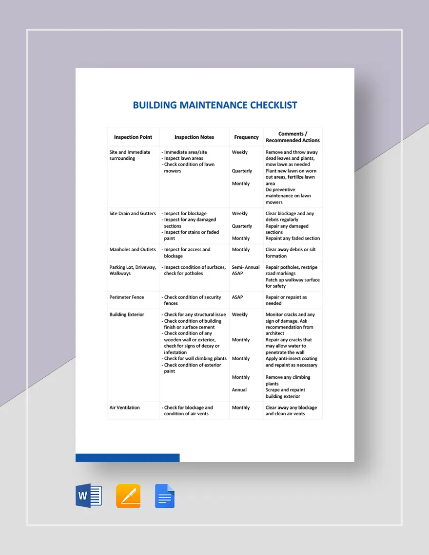 Building Maintenance Checklist Template Download In Word Google Docs 
