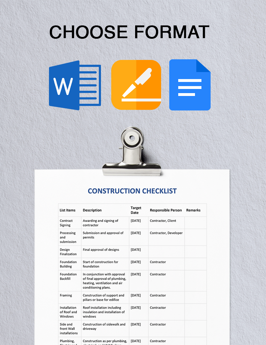 Construction Checklist Template - Google Docs, Word, Apple Pages ...