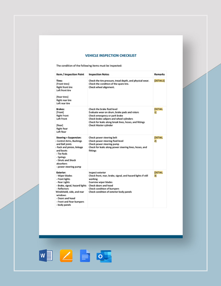 Vehicle Inspection Checklist Form Template - Download in Word, Google ...