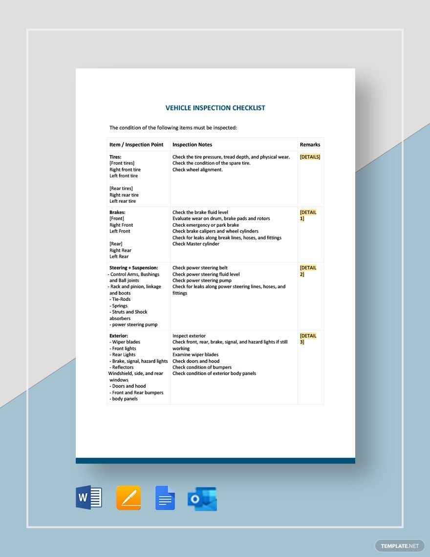 Vehicle Inspection Checklist Template Google Docs Wor Vrogue co