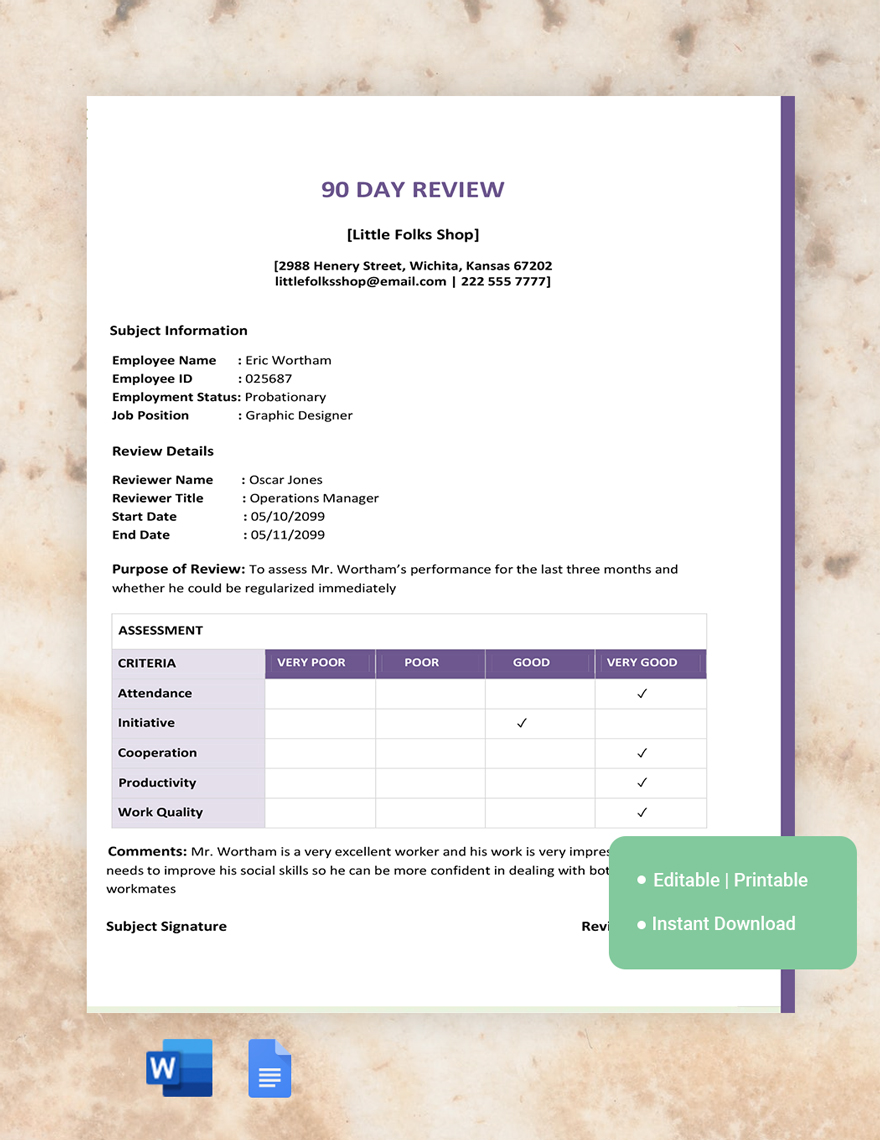 Employee Yearly Review Template Google Docs Word Template