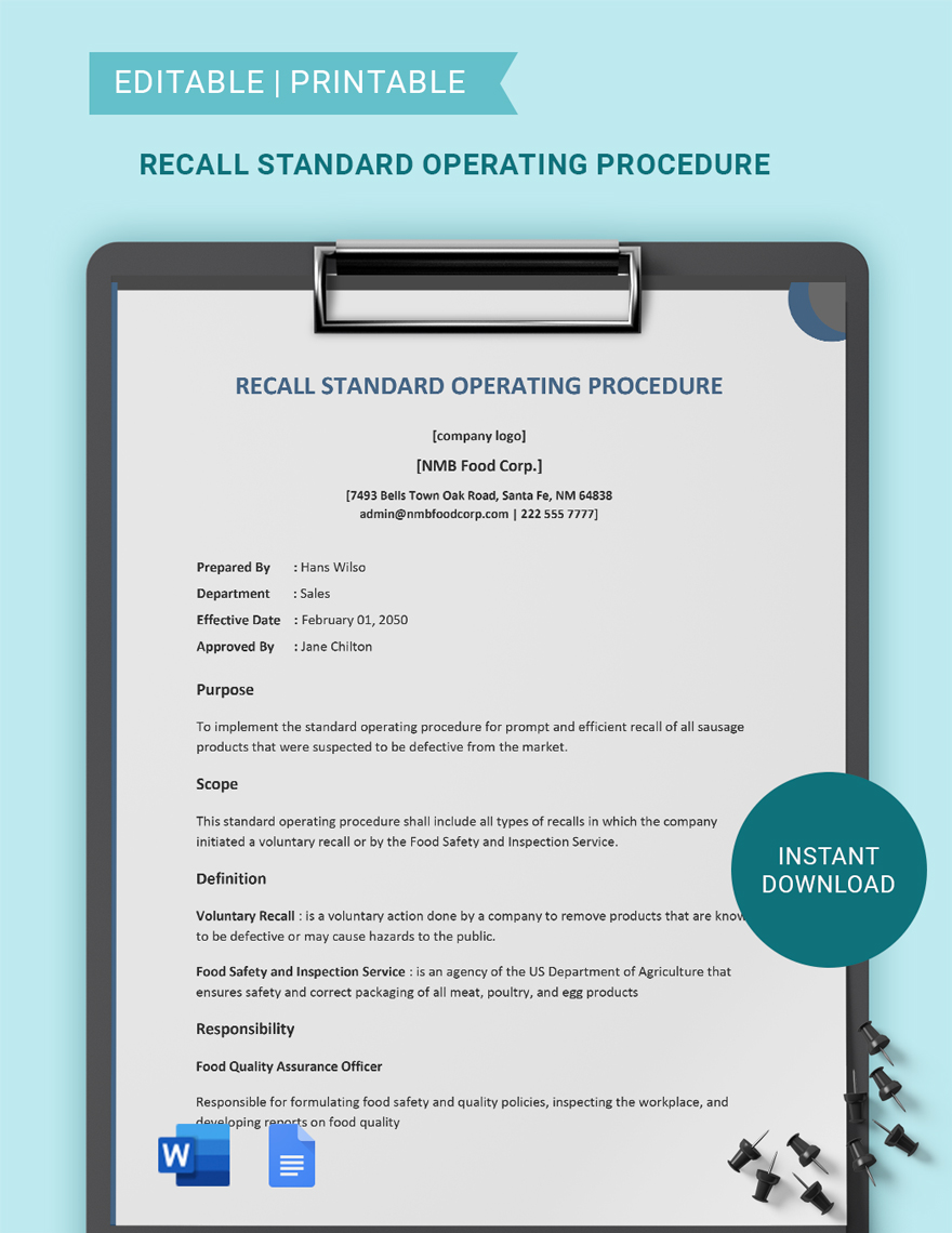 Recall Standard Operating Procedure Template Download In Word Google 