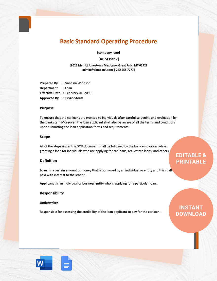 Maintenance Standard Operating Procedure Template Google Docs Word Template