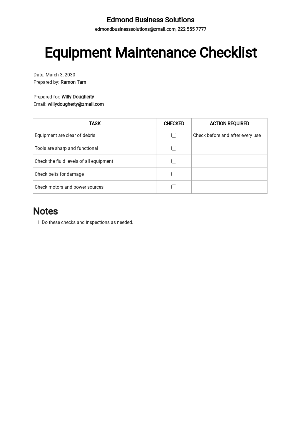 Maintenance Task List Template