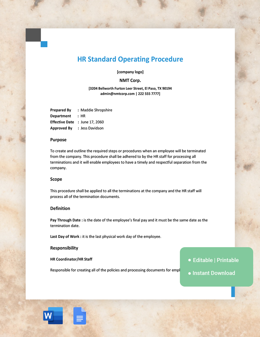 HR Standard Operating Procedure Template Download In Word Google 