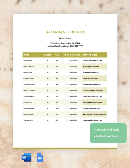 FREE Attendance Roster Word - Template Download | Template.net