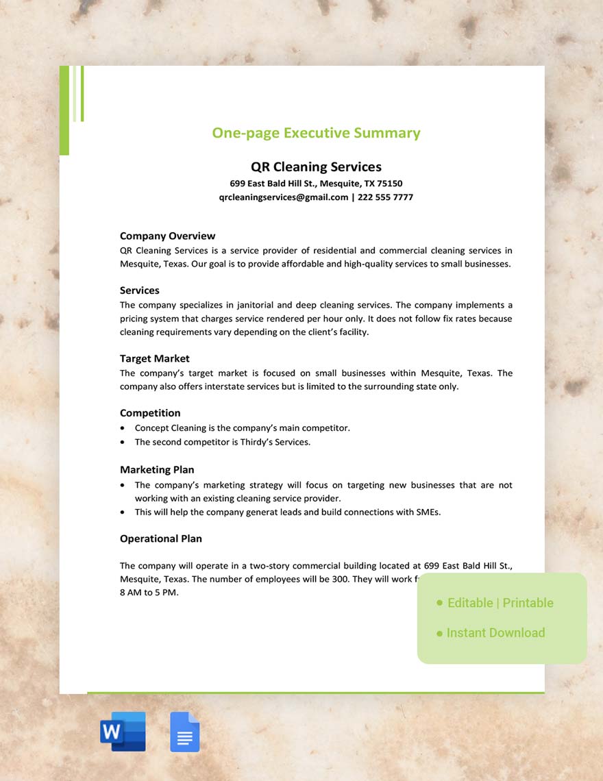 Free Free One Page Executive Summary Template Google Docs Word Template
