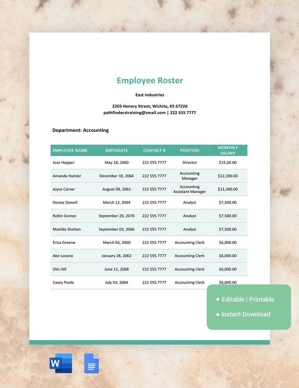 Free Employee Roster Word Google Docs Template
