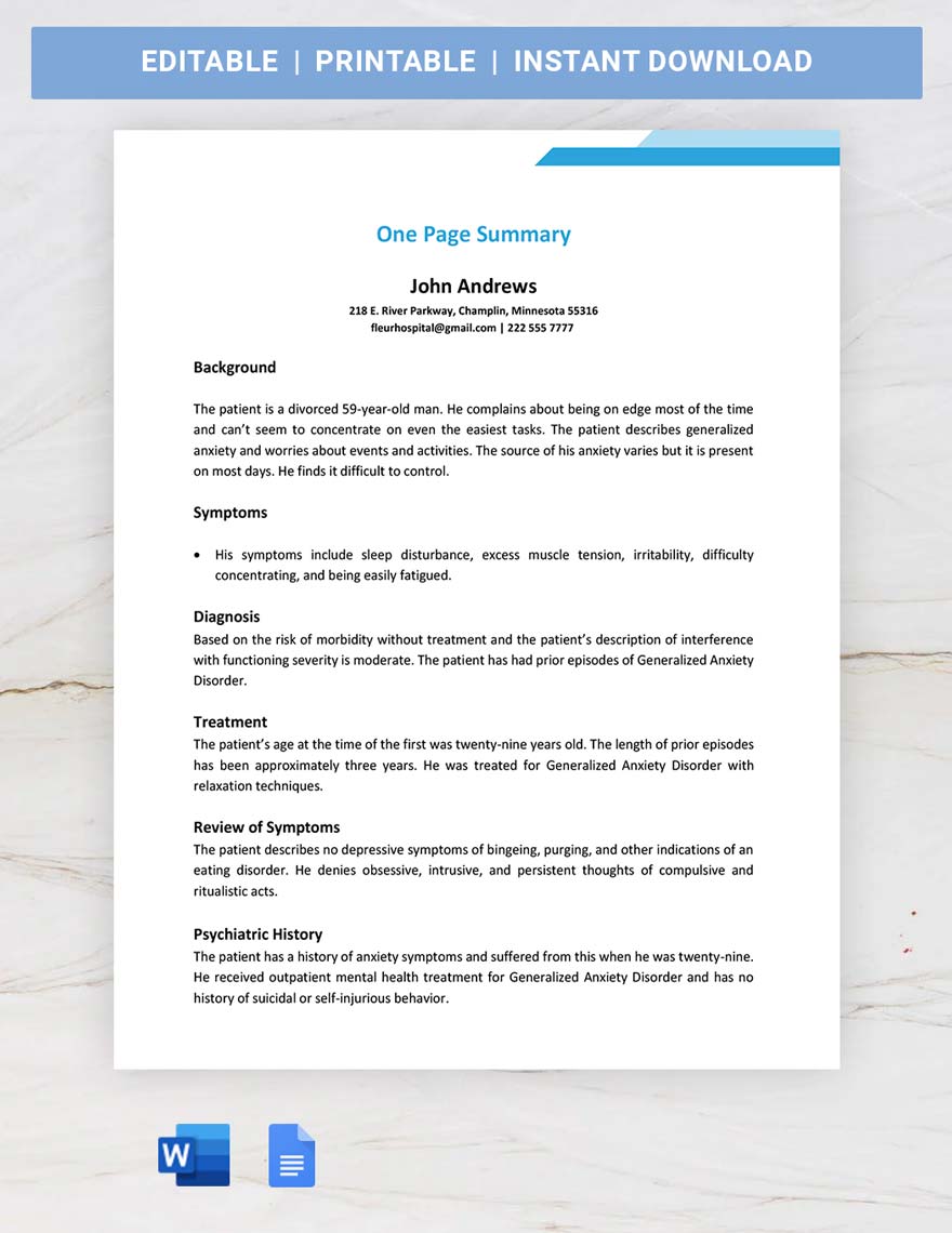 One Pager Executive Summary Template