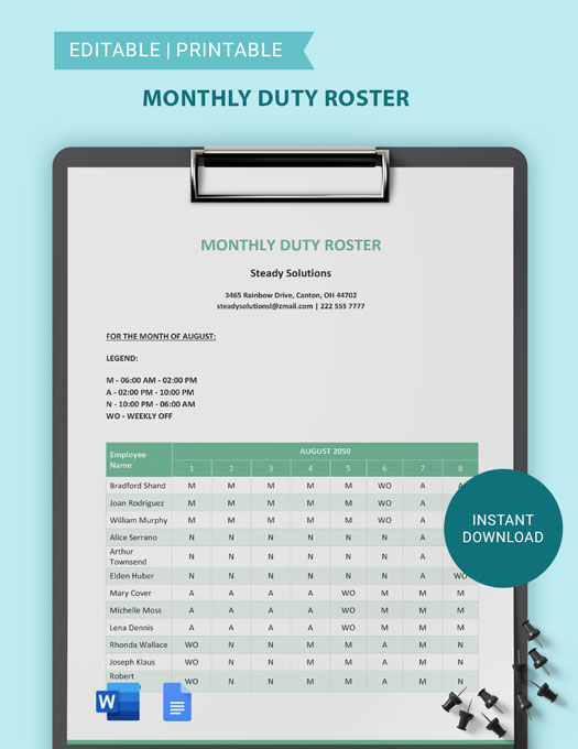 Monthly Roster Template - Download in Word, Google Docs | Template.net