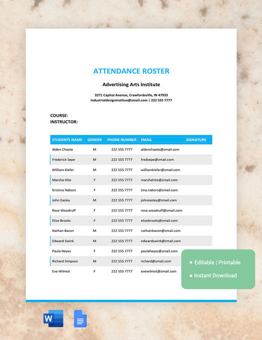 Free Attendance Roster Template - Download in Word, Google Docs ...