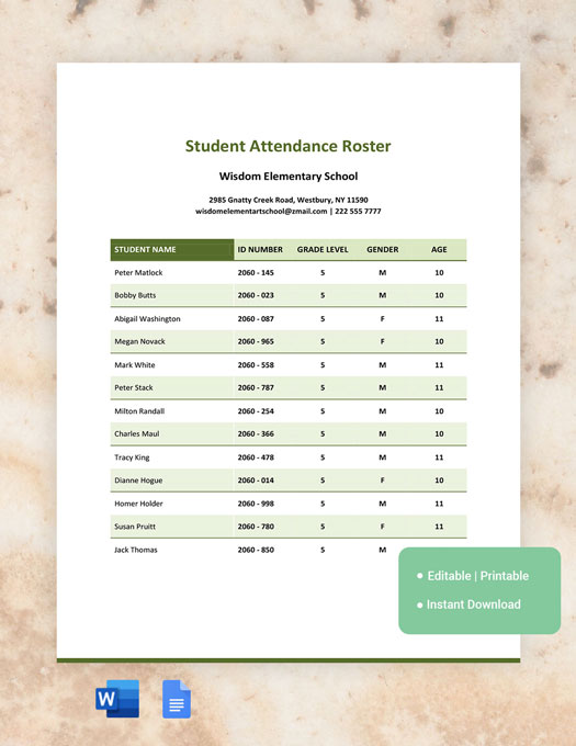 Free Student Roster Template - Google Docs, Word | Template.net