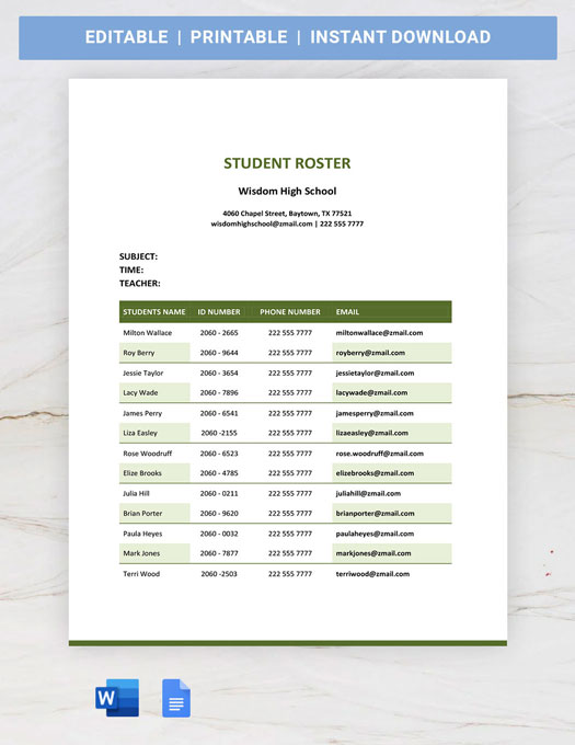 Free Student Roster Template - Google Docs, Word | Template.net