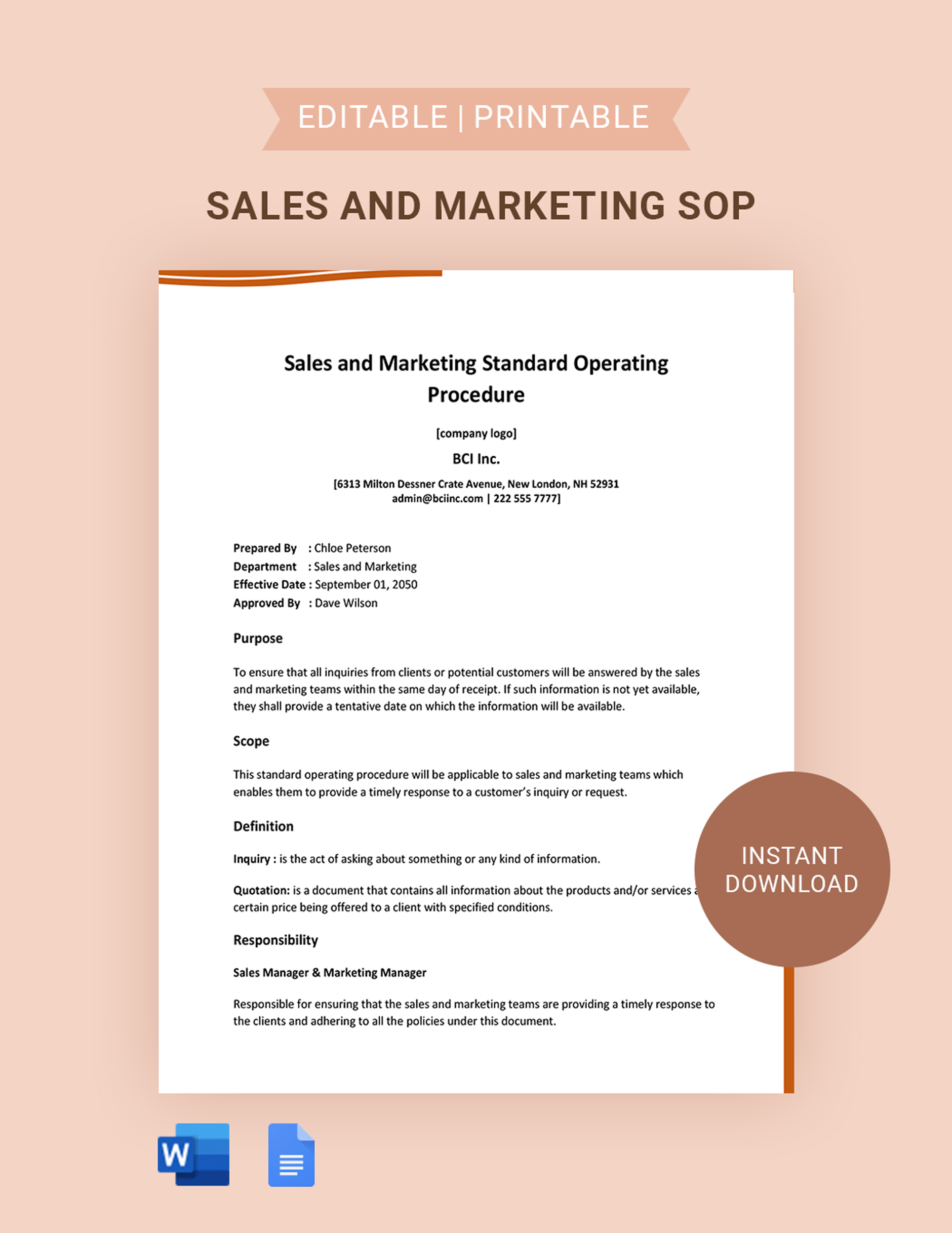 Sales And Marketing Standard Operating Procedure Template Download In Word Google Docs 