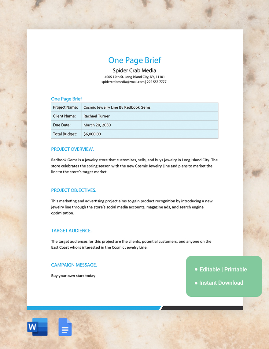 One Page Brief Template Google Docs Word Template