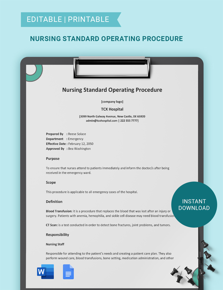 Nursing Standard Operating Procedure Template Google Docs Word 