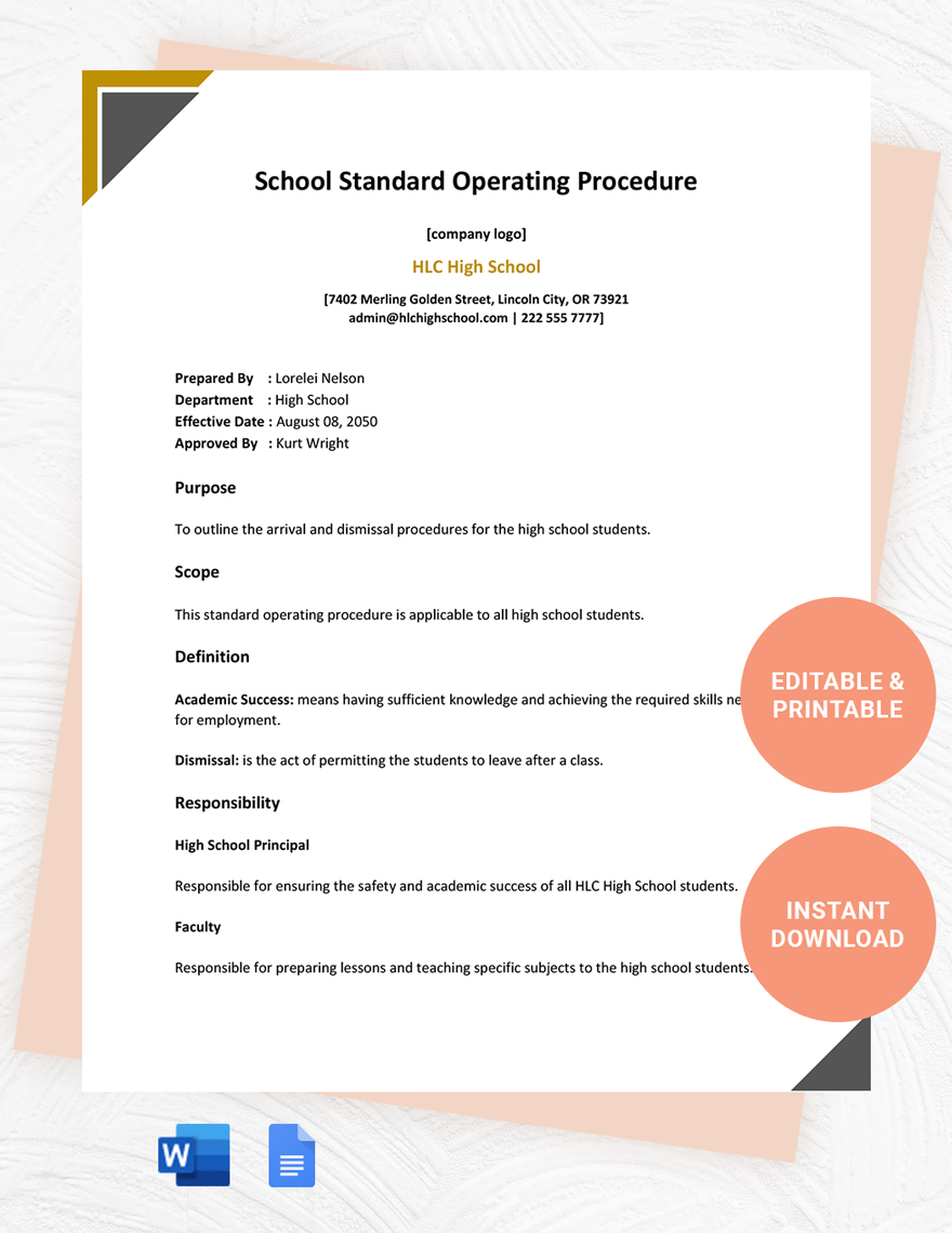 School Standard Operating Procedure Template Download In Word Google 