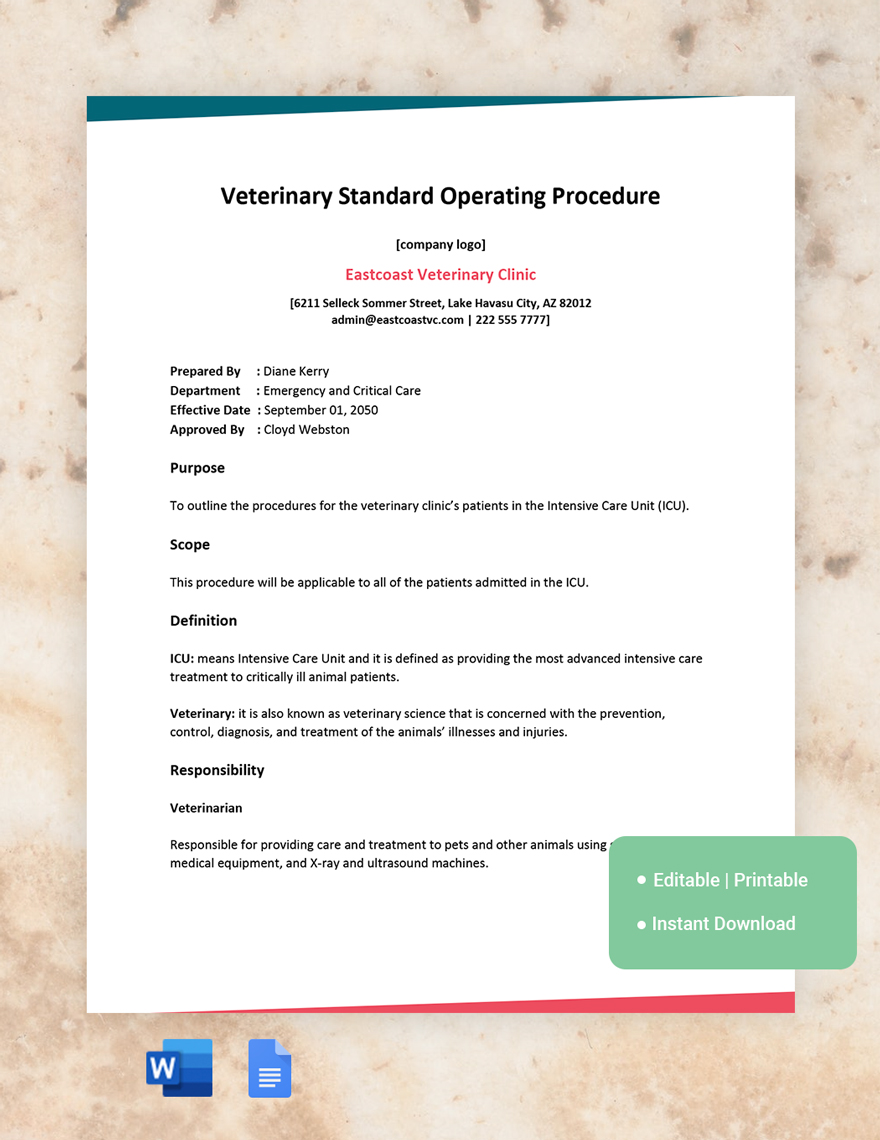 Veterinary Standard Operating Procedure Template Google Docs Word Template