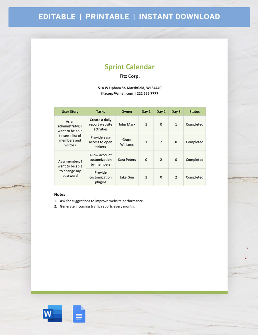 Sprint Calendar Template Google Docs Word Template