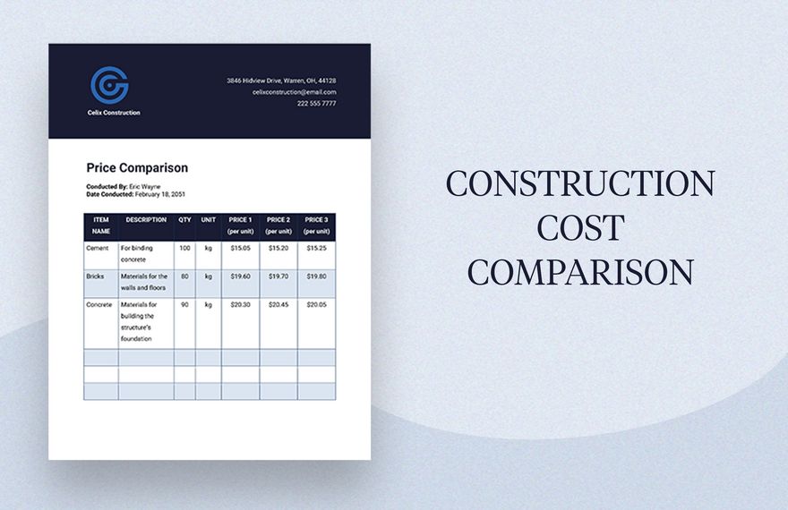 Free Construction Cost Comparison Template Download In Word Google 