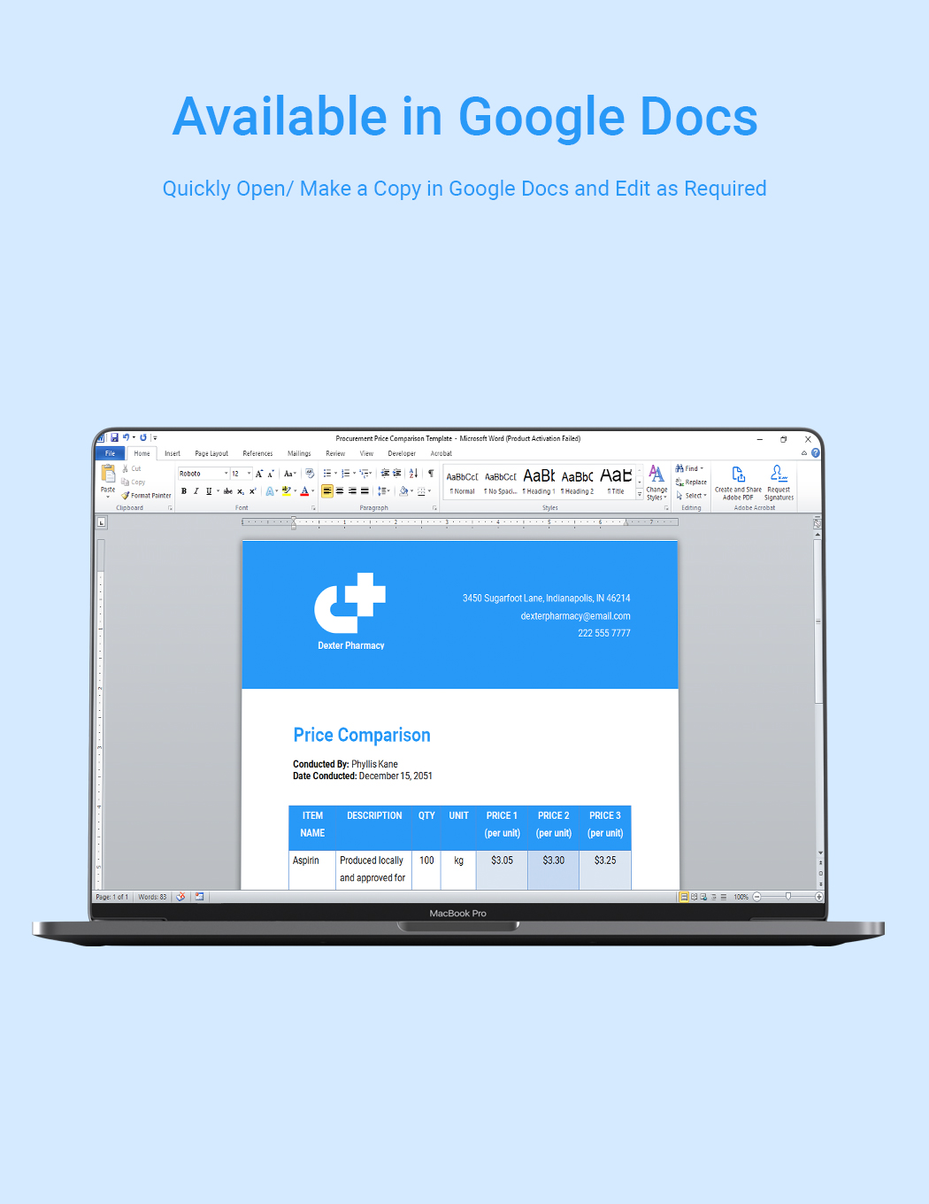 Procurement Price Comparison Template In Word Google Docs Download