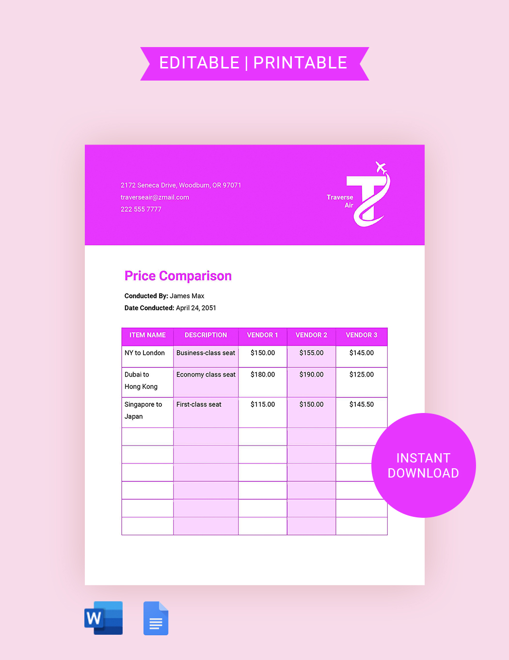Flight Price Comparison Template Download In Word Google Docs 