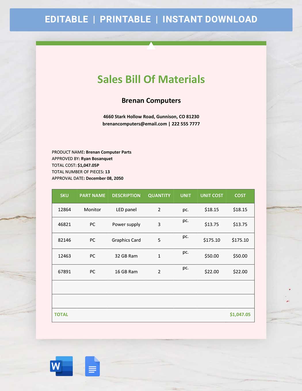 Construction Bill Of Materials Template - Download in Word, Google Docs ...