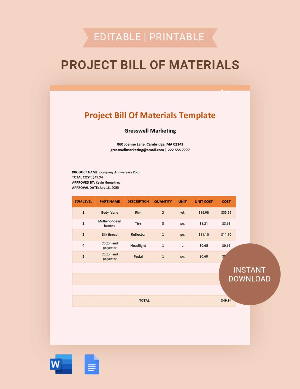 Production Planning Bill Of Materials - Download in Word, Google Docs ...