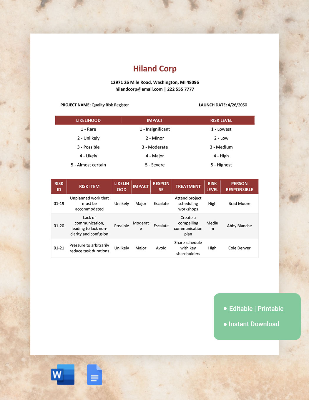 Internal Audit Risk Register Template - Google Docs, Word | Template.net