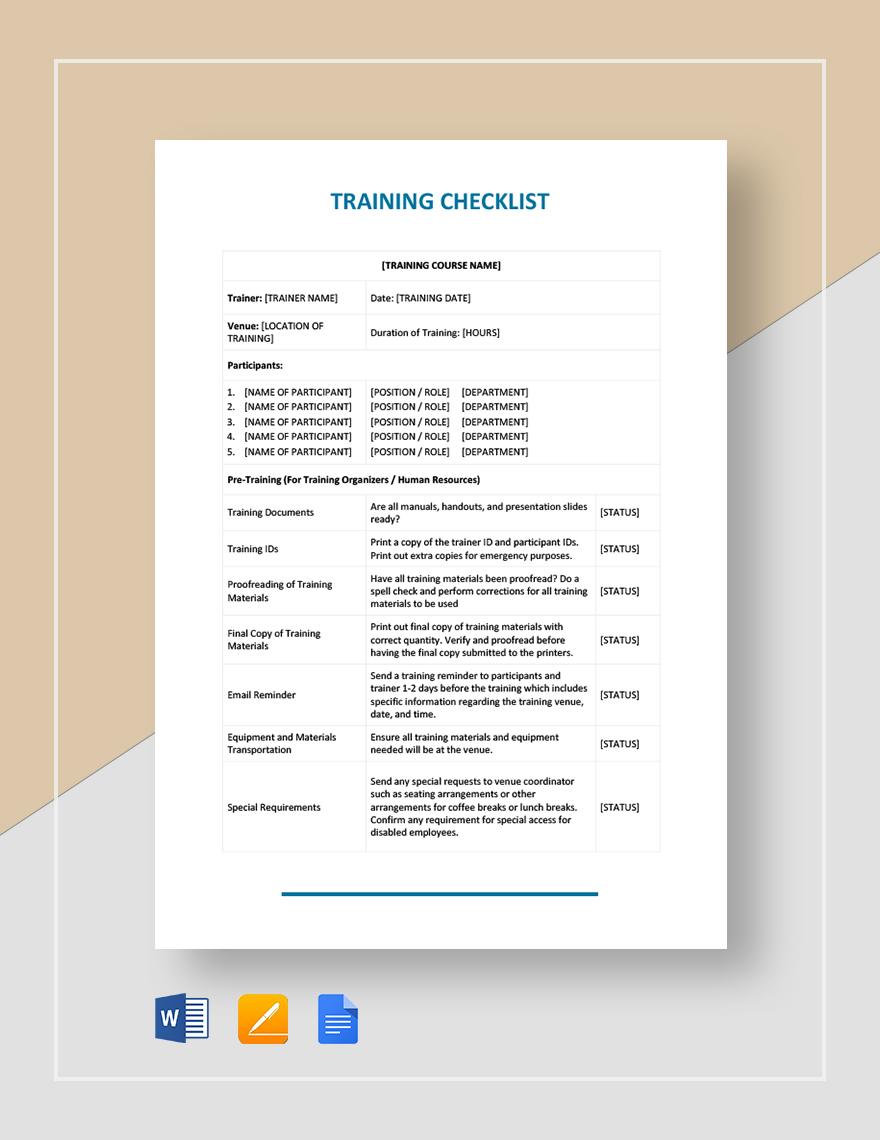 Employee Training Checklist Template - Google Docs, Word, Apple Pages ...