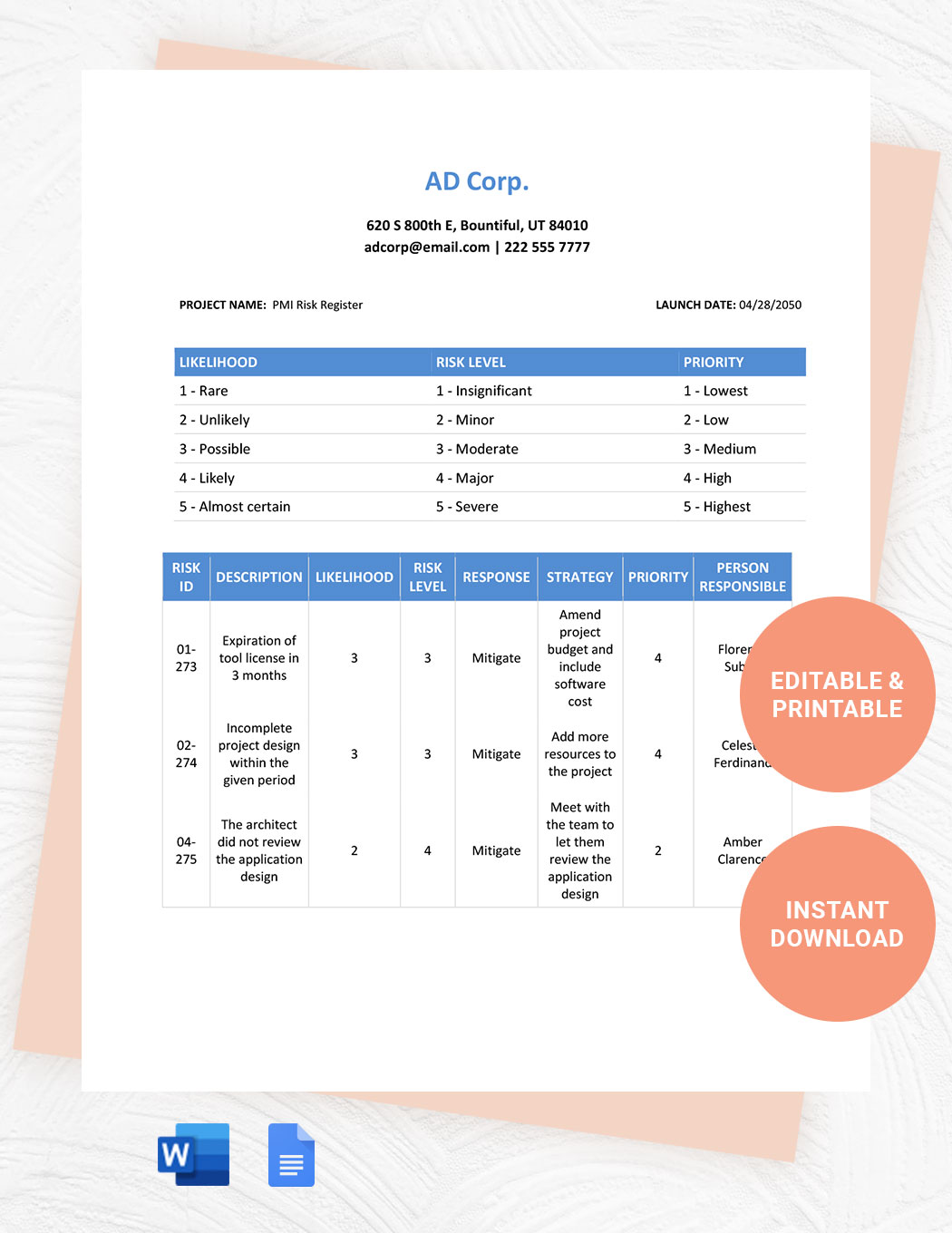 FREE Risk Register Template - Download in Word, Google Docs, Excel, PDF ...