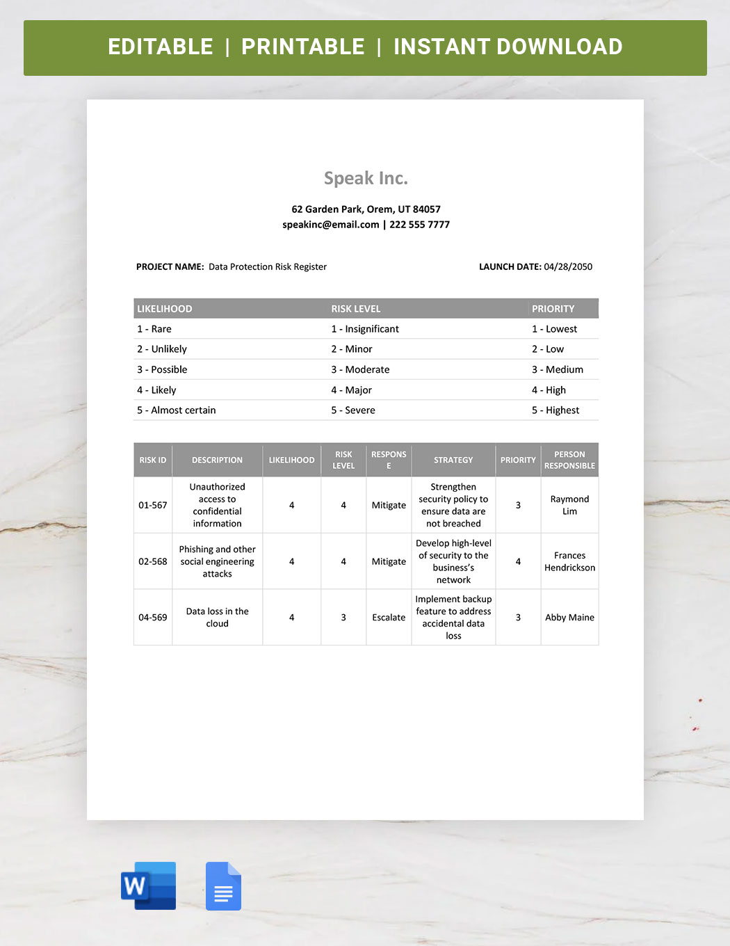Project Risk Register Template - Google Docs, Word | Template.net