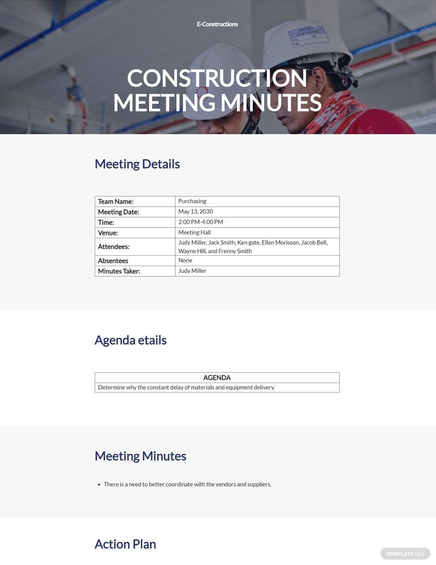 Blank Construction Meeting Minutes Template - Google Docs, Word, Apple ...