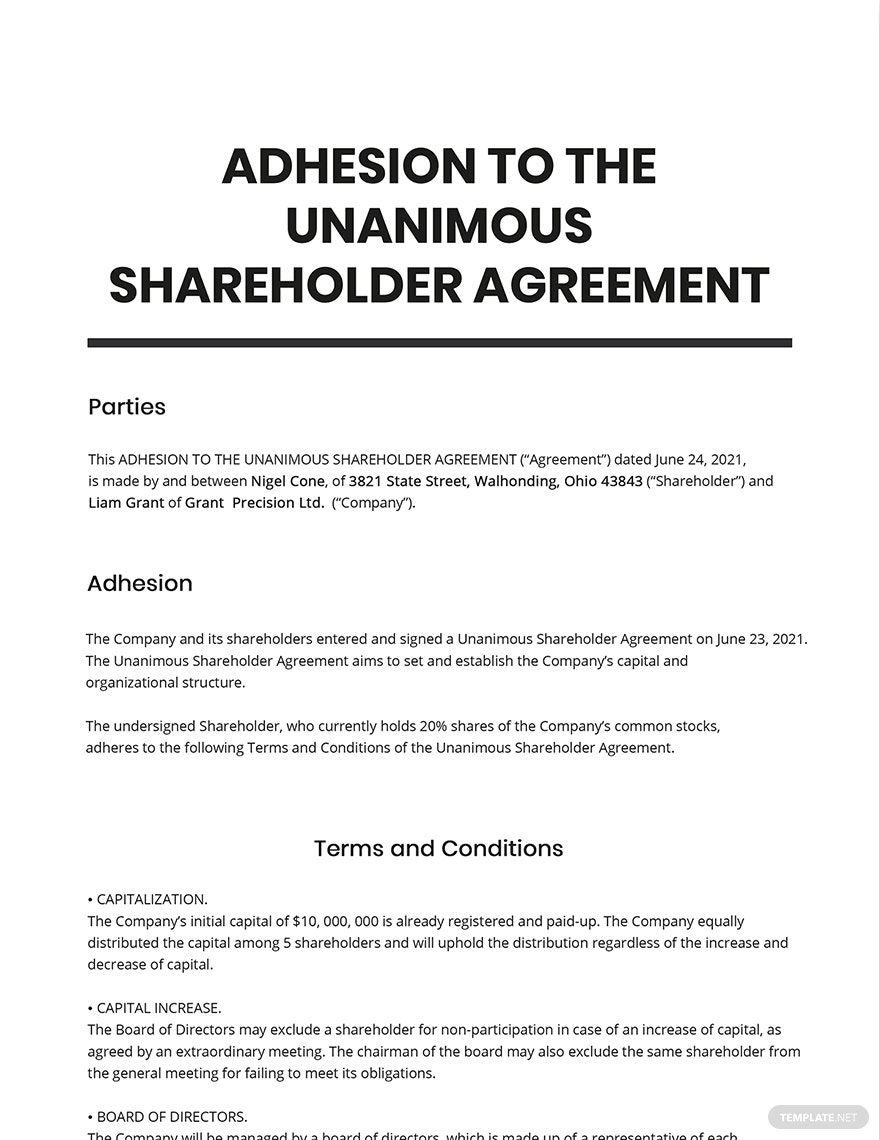 Adhesion to the Unanimous Shareholder Agreement Template - Google Docs ...