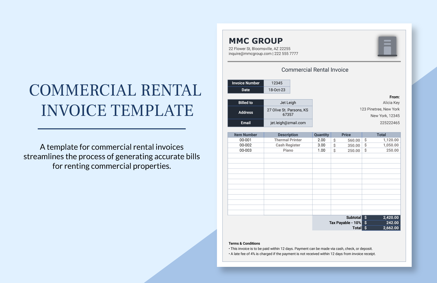Commercial Rental Invoice Template - Download in Word, Google Docs ...