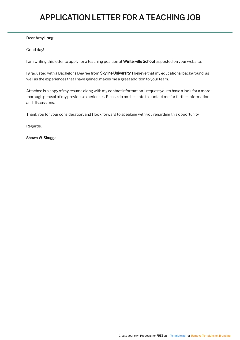 Application Letter for a Teaching Job Template - Google Docs, Word ...