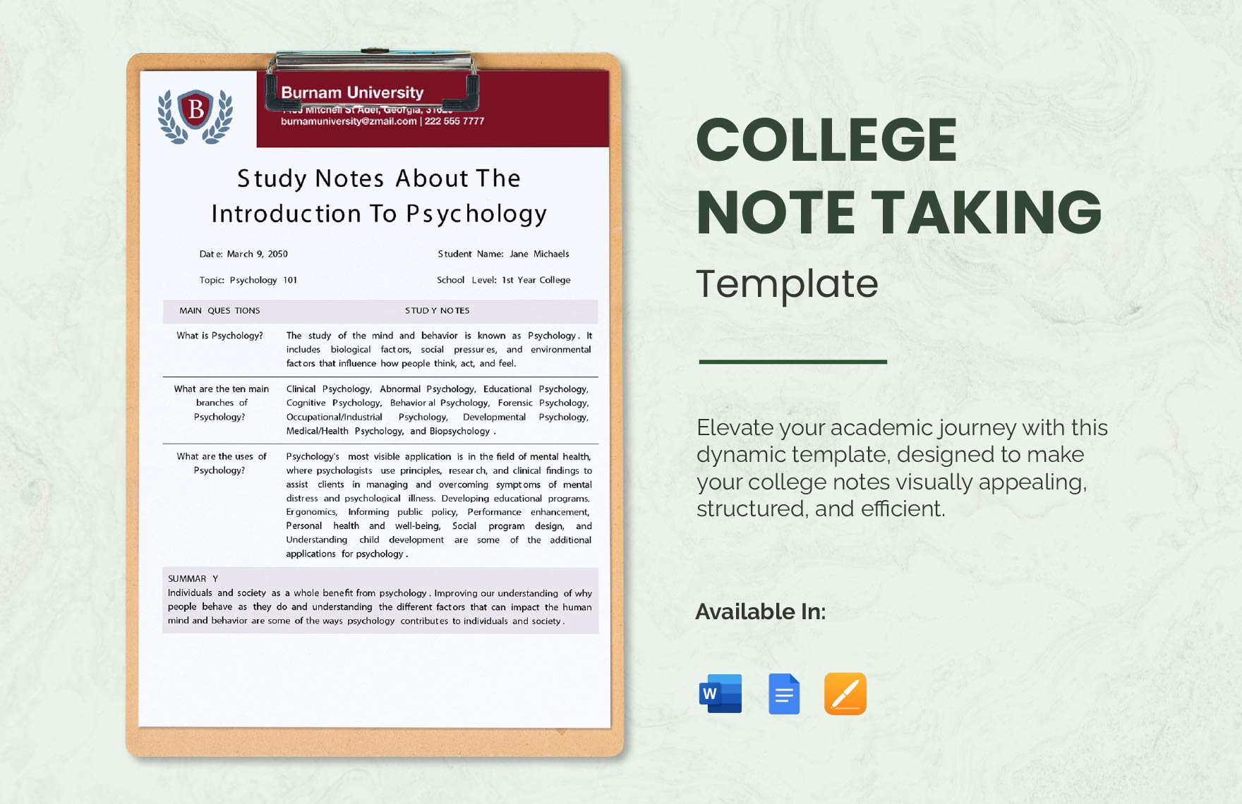 College Note Taking Template - Download in Word, Google Docs, Apple ...