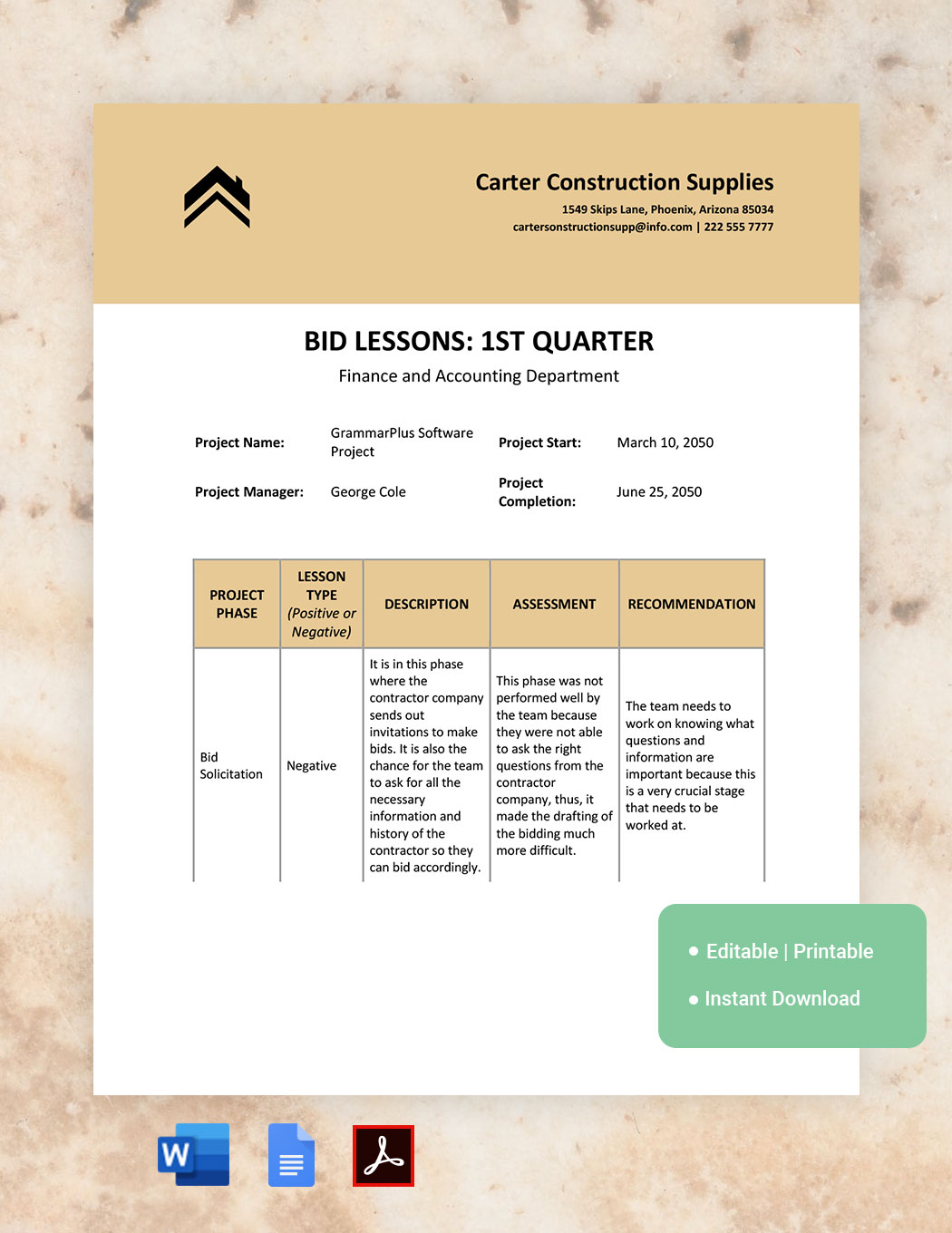 Proposal Lessons Learned Template - Download in Word, Google Docs ...