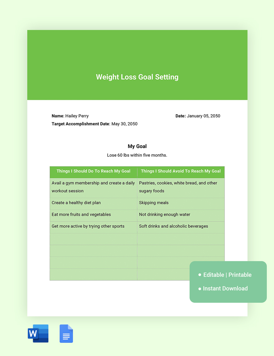 Weight Loss Goal Setting Template Download In Word Google Docs Template