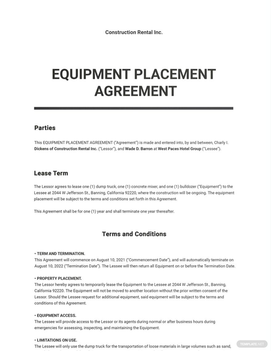 Equipment Placement Agreement Template - Google Docs, Word, Apple Pages ...
