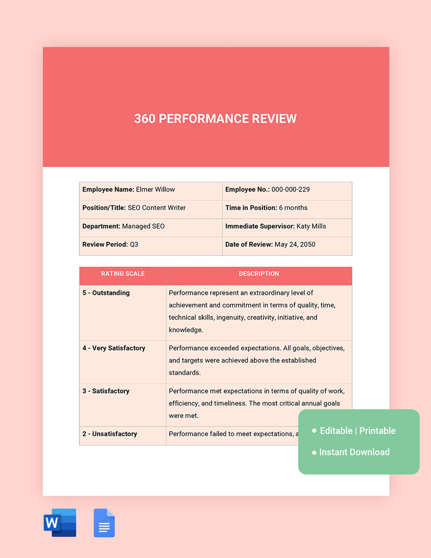 Free Self Performance Review Template Google Docs Word Template