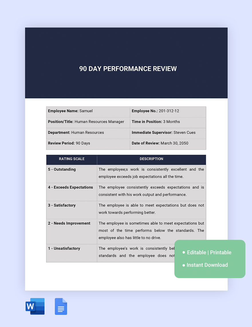 Free 90 Day Performance Review Template Google Docs Word Template