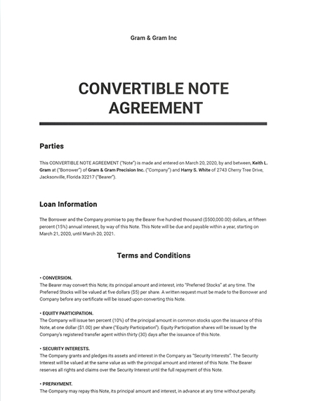 Convertible Note Agreement Template Word DOC Google Docs Apple 