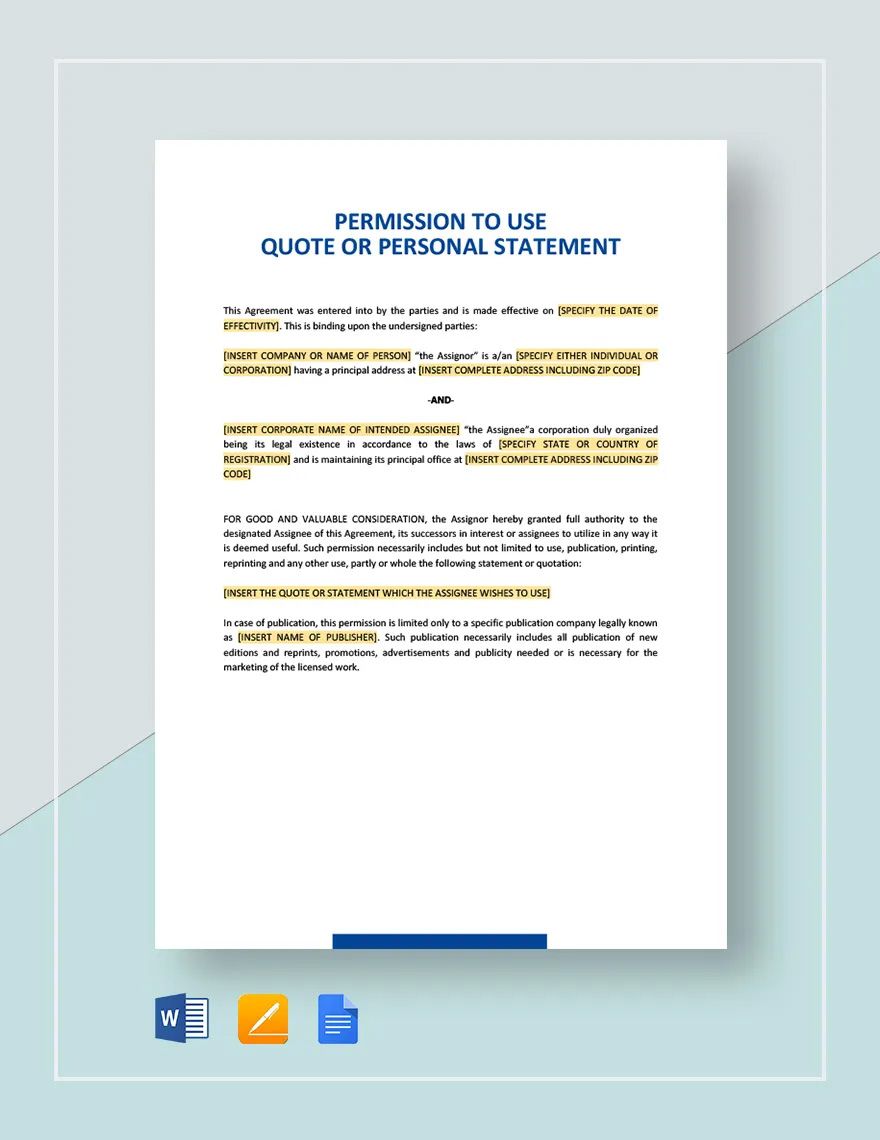 Permission To Use Quote Or Personal Statement Template Download In 