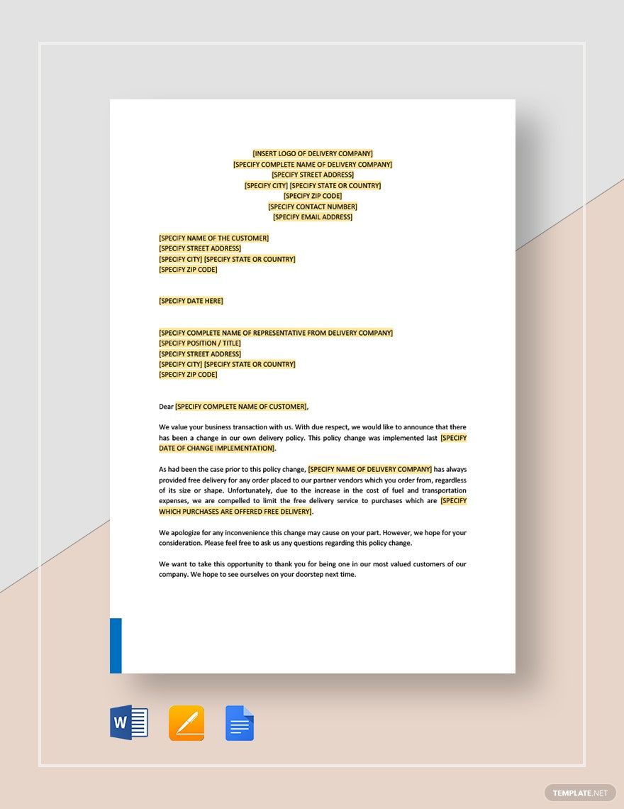 Free Announcement Of Delivery Limitations Change Template Google Docs Word Apple Pages 