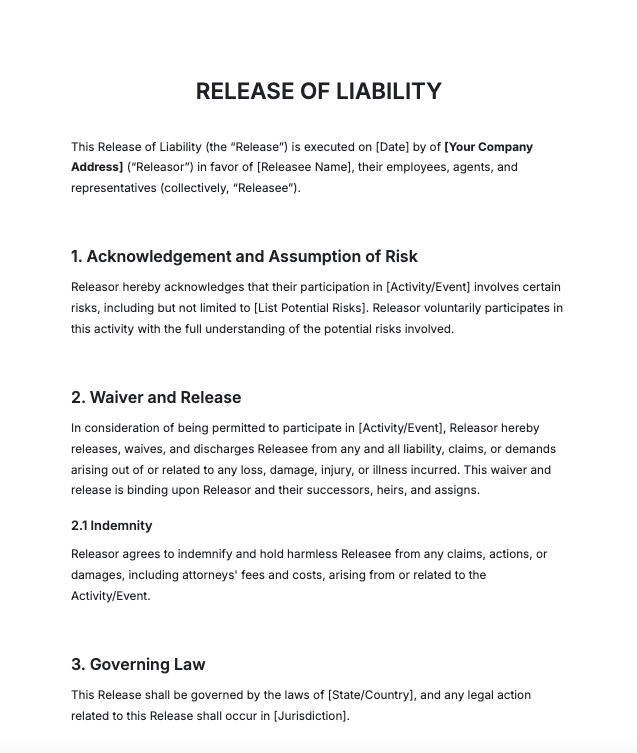 Free Release of Liability Generator: Create Online | Template.net