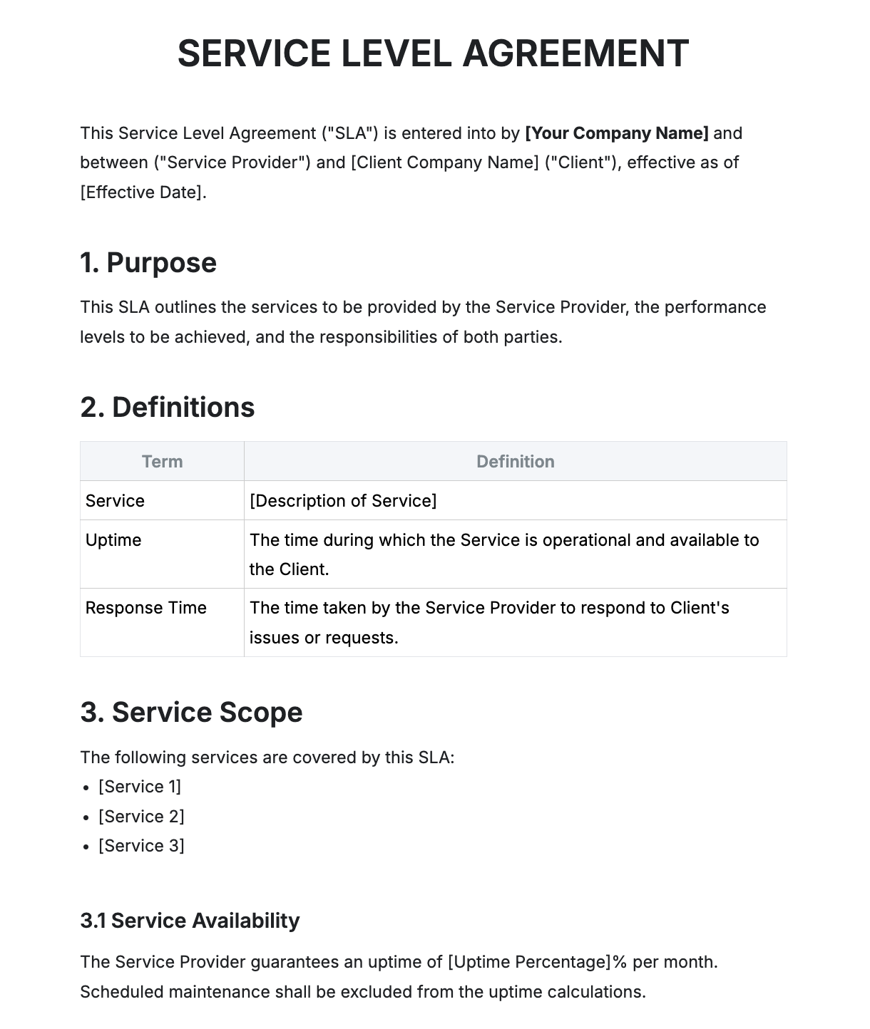 Free Service Level Agreement Generator: Create Online | Template.net