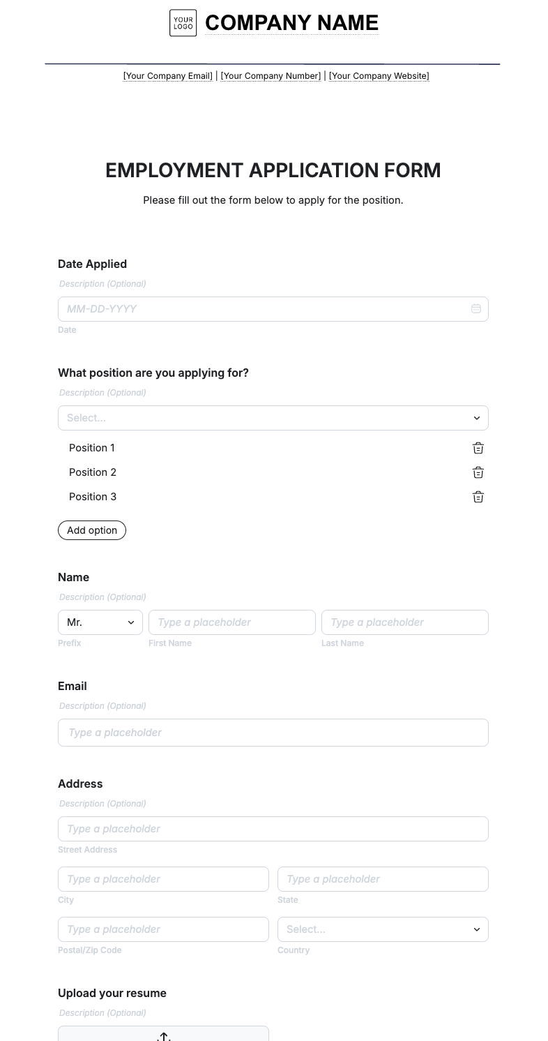 Free Employment Application Form Generator: Online Builder | Template.net