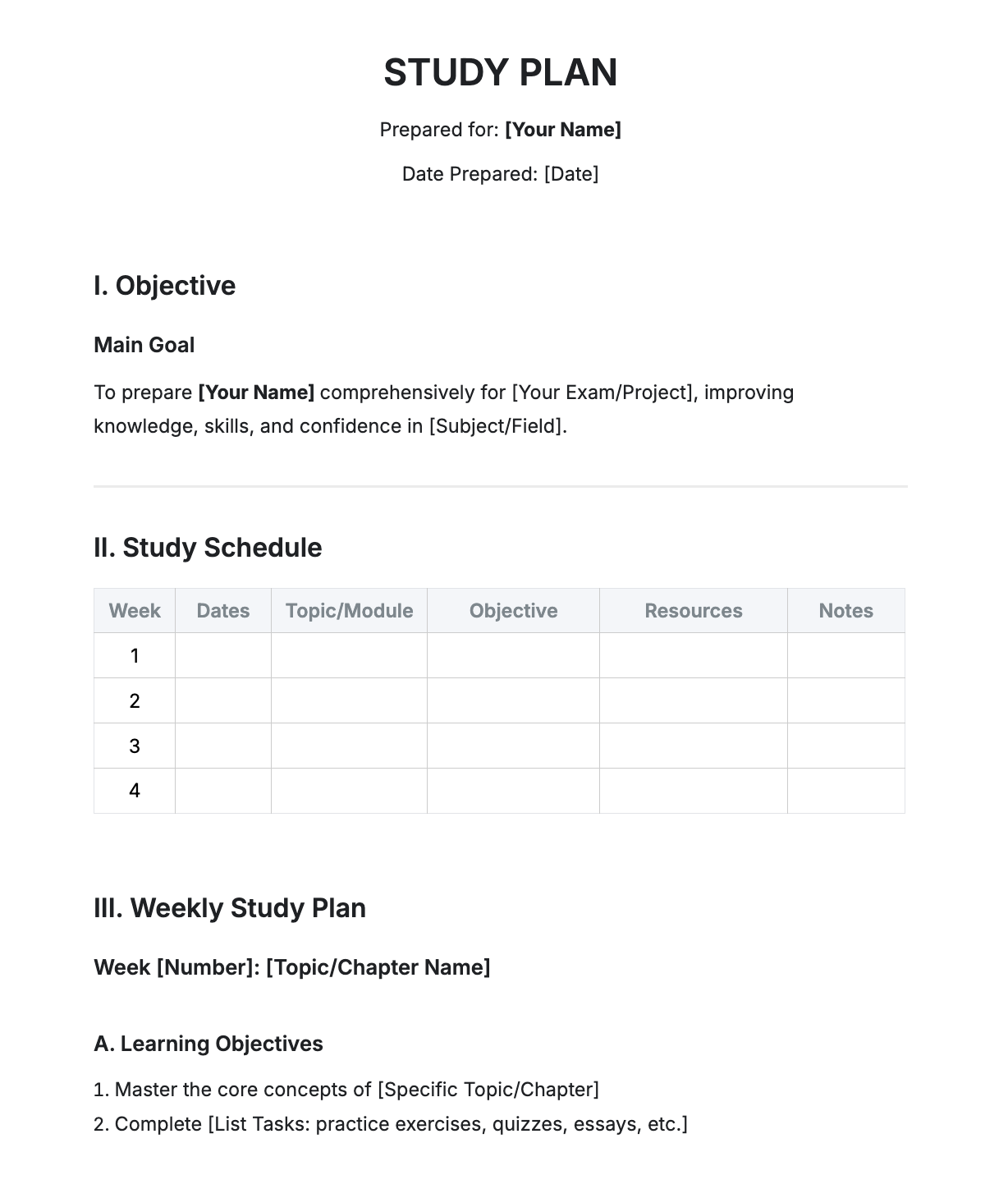 Free Study Plan Generator: Create Online | Template.net